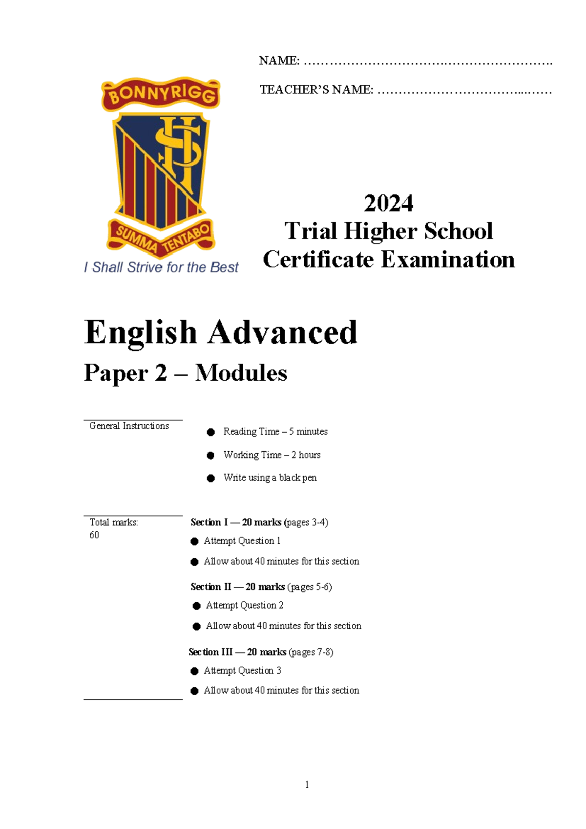 Bonnyrigg English Advanced Paper 2 Trial HSC Examination 2024 - 2024 ...