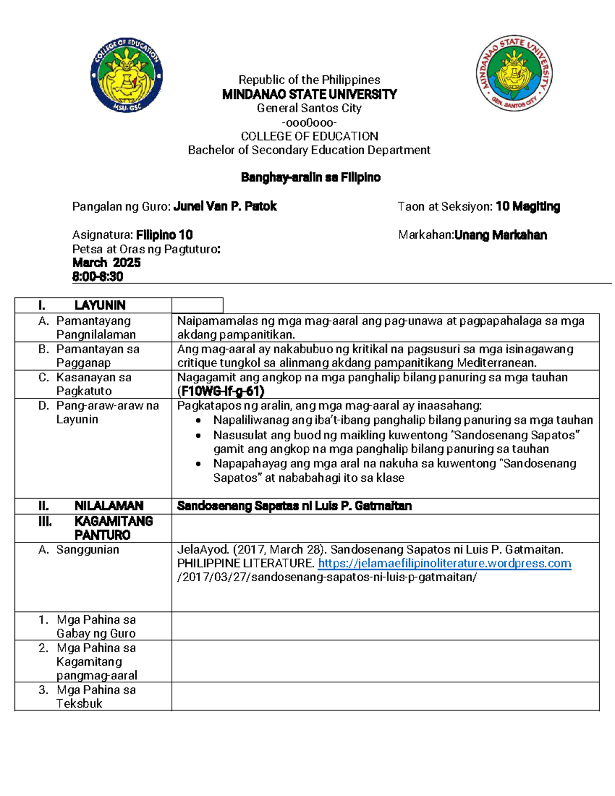 Filipino 10 Lesson Plan: Pagsusuri ng Panghalip at Tauhan - Studocu