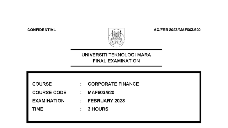 MAF603 Final Exam Paper - Corporate Finance - February 2023 - Studocu