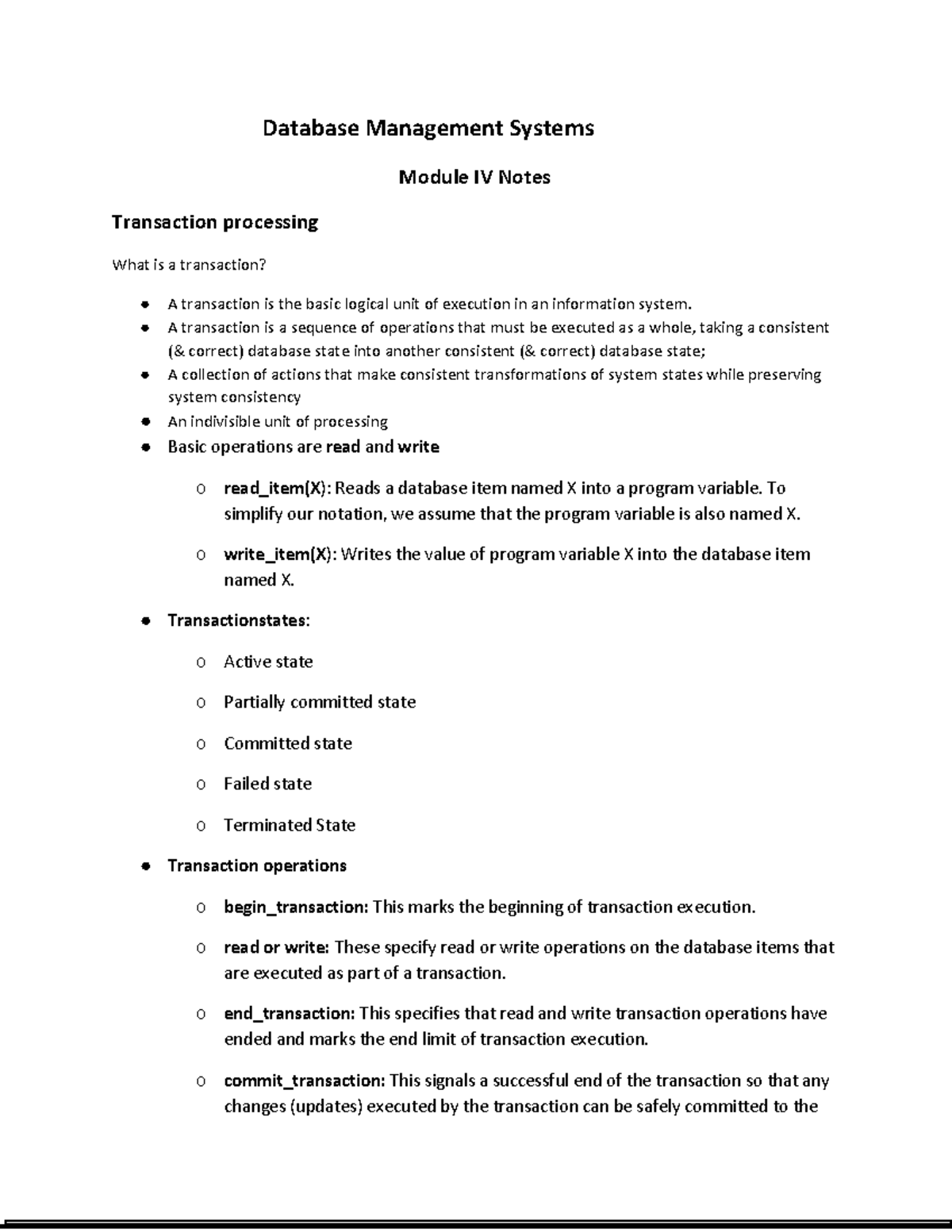DBMS Notes Module 4 - Transaction processing - Database Management ...