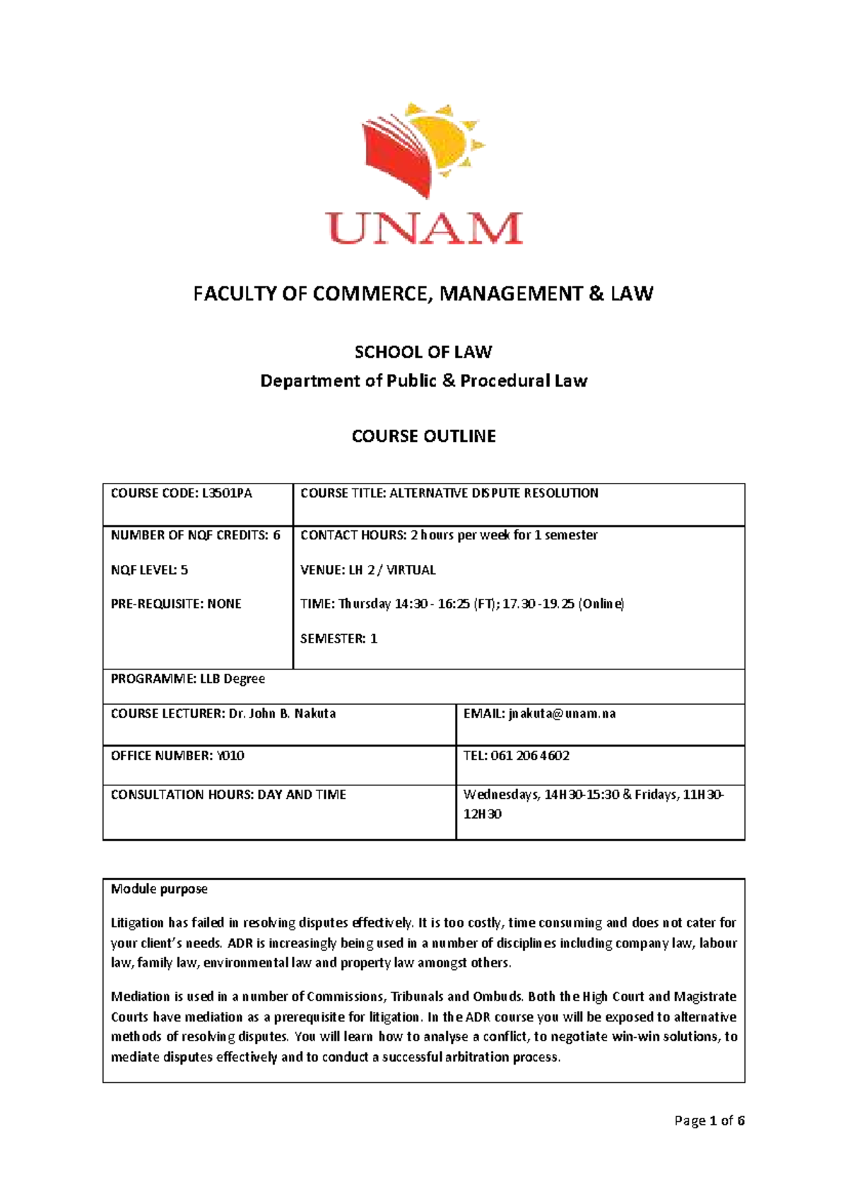 L3501PA Alternative Dispute Resolution Course Outline 2026 - Studocu