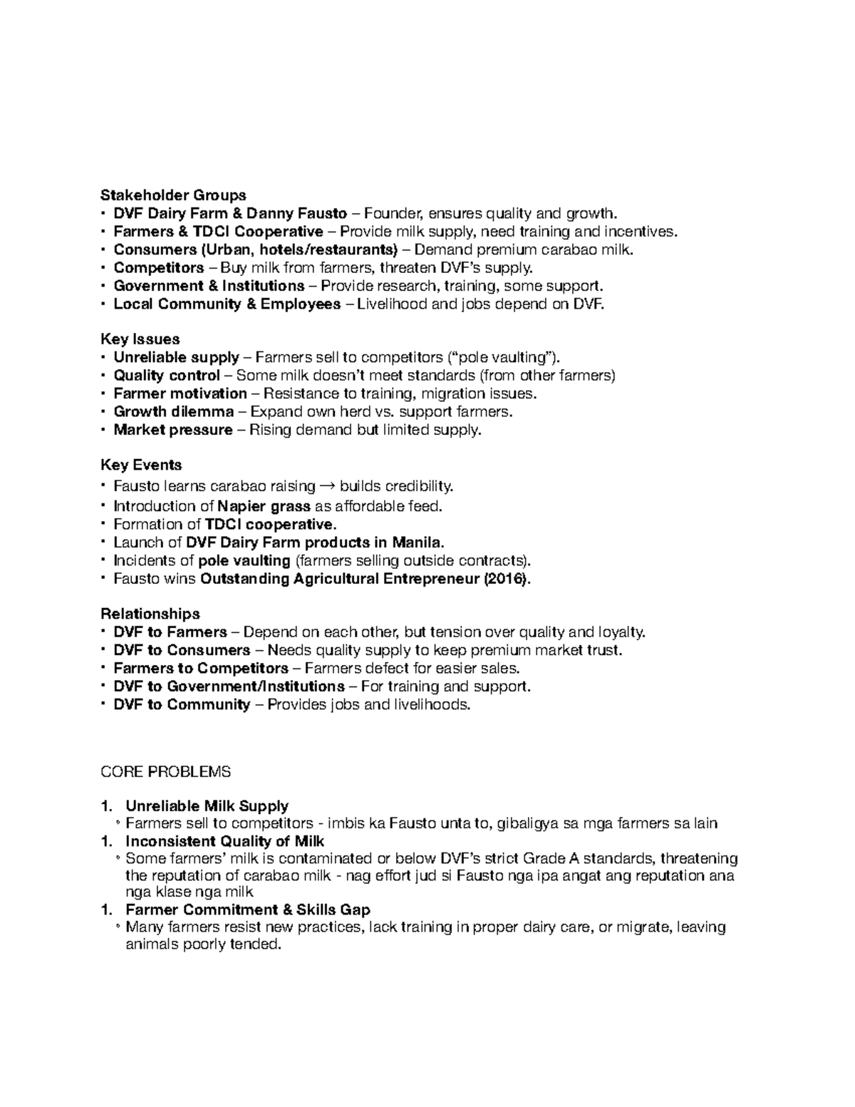 Business Case: Stakeholder Analysis for DVF Dairy Farm (TDCI) - Studocu