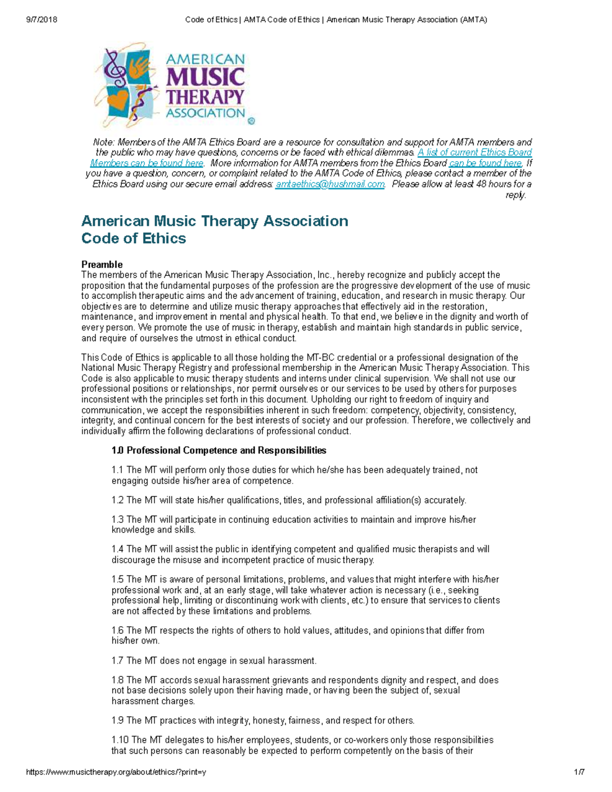 AMTA Music Therapy Code of Ethics: Guidelines and Responsibilities ...