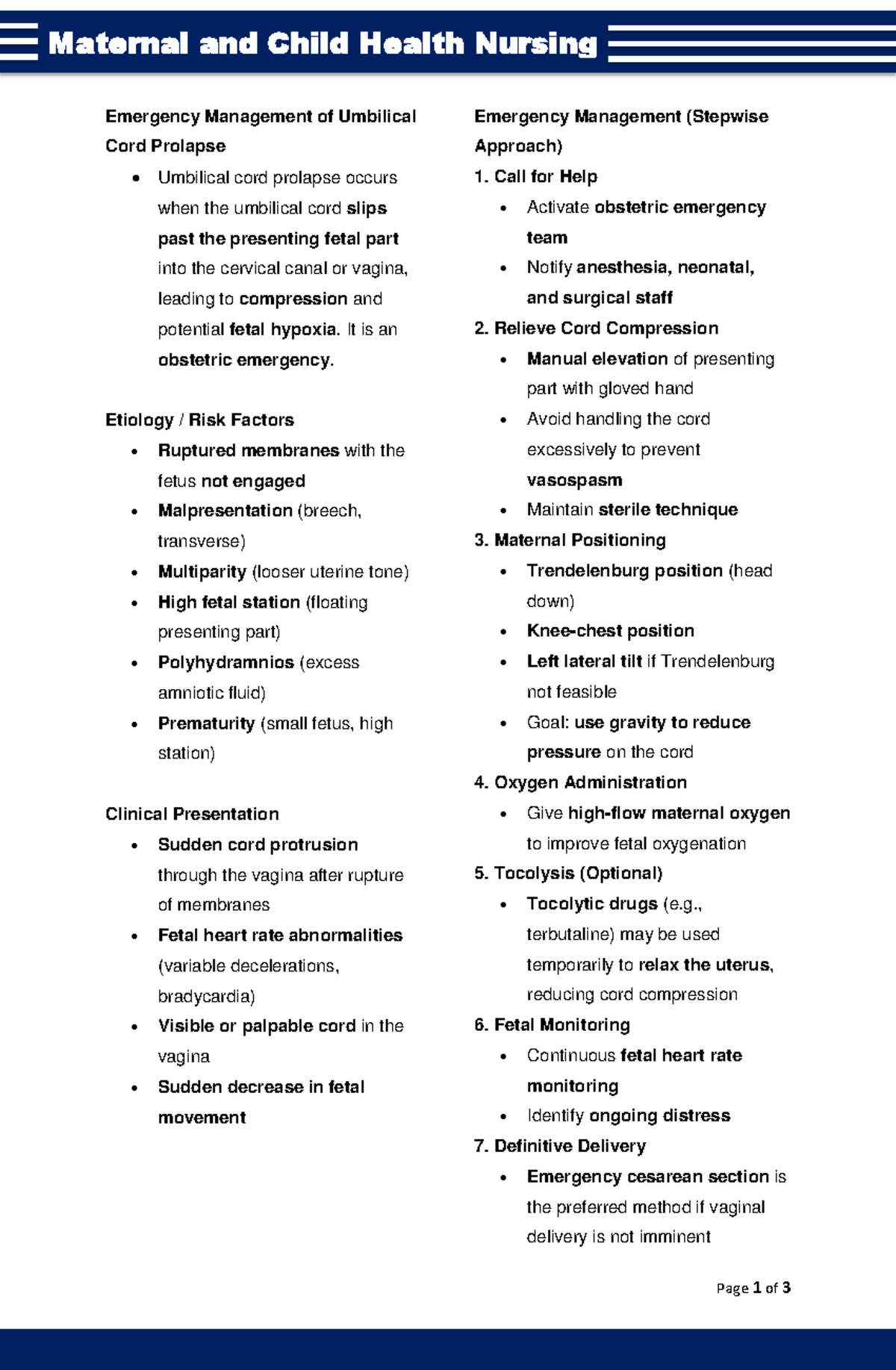 Emergency Management of Umbilical Cord Prolapse in MCH Nursing - Studocu