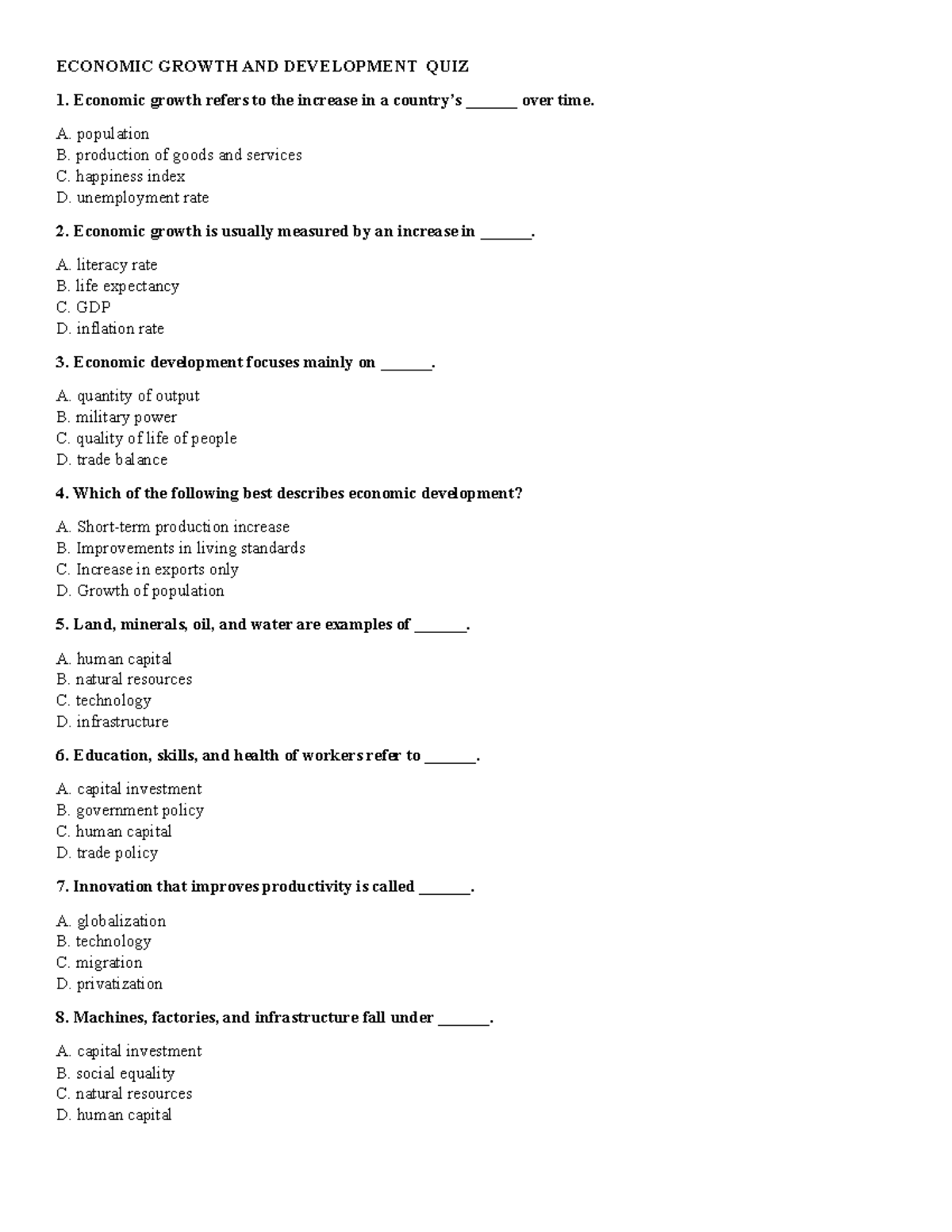 ECON 101: Economic Growth and Development Quiz 1 - Studocu