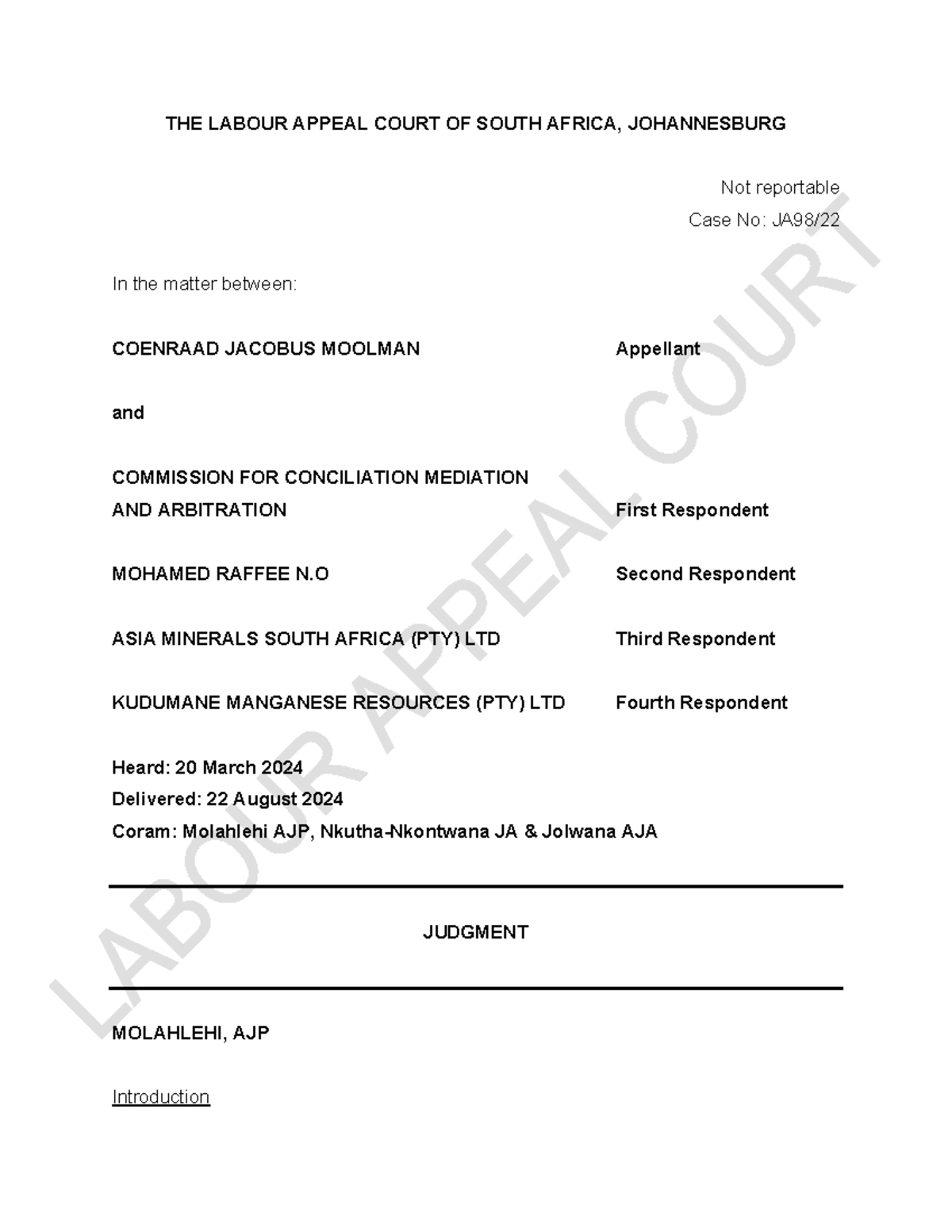 Labour Appeal Court Case No: Moolman v CCMA & Others - Judgment Review ...