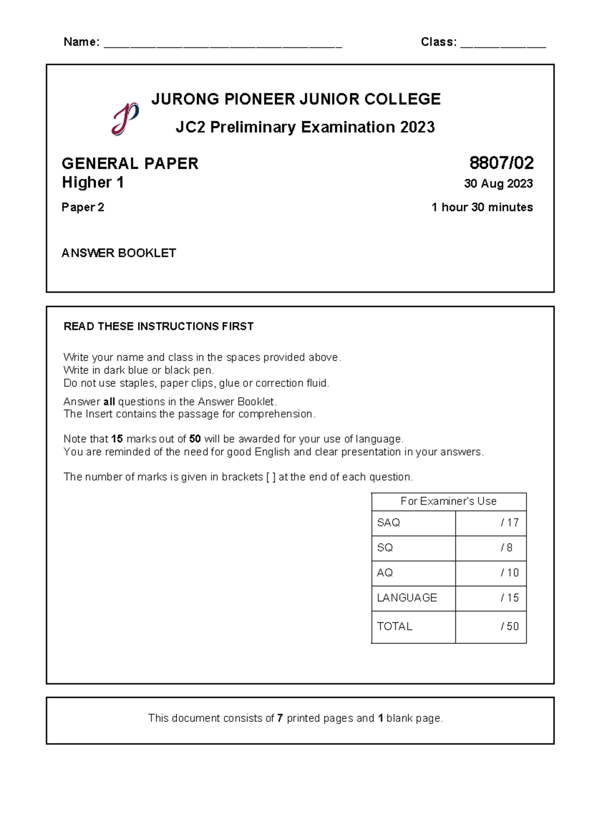 JPJC 2023 JC2 GP Prelim Paper 2 Answer Booklet and Instructions - Studocu