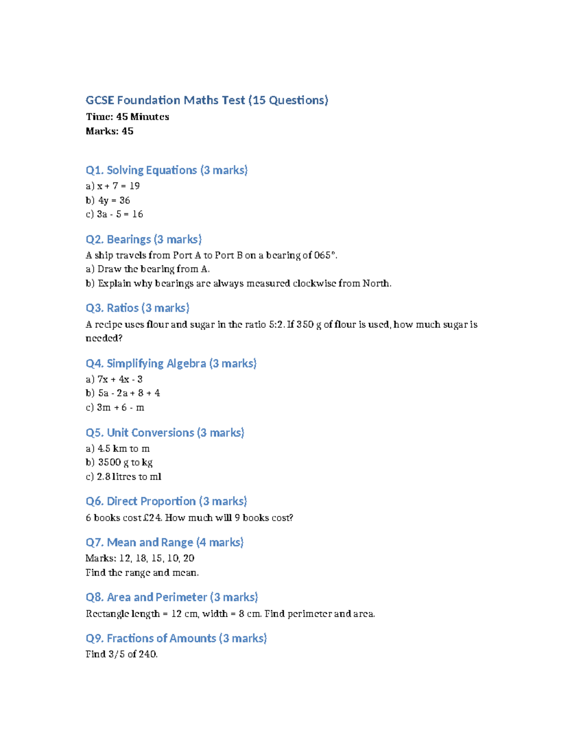 GCSE Foundation Maths Test: 15 Questions Overview - Studocu