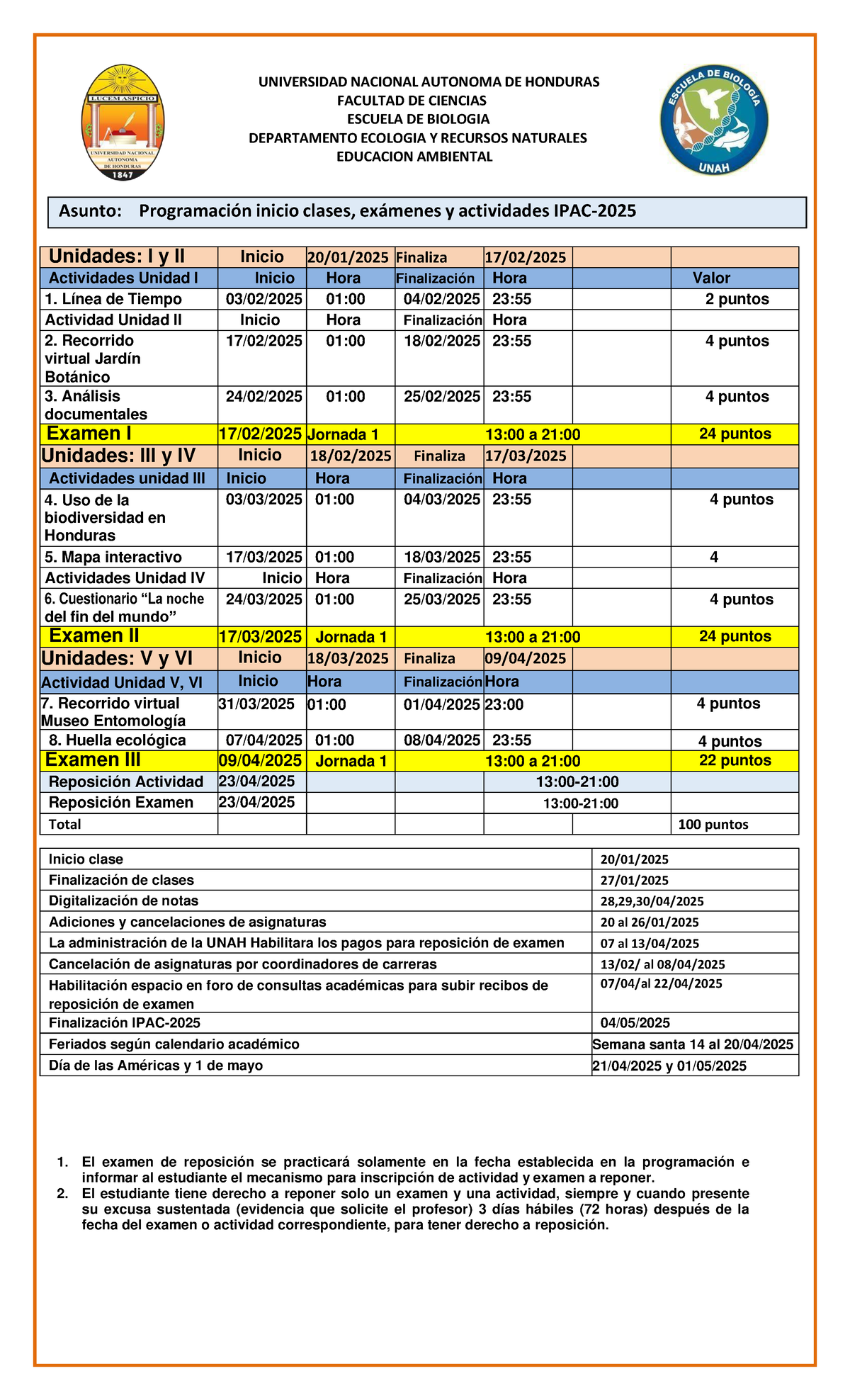 Educacion Ambiental Linea IPAC-2025 - Asunto: Programación inicio clases, exámenes y actividades ...