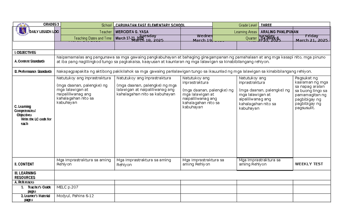 AP Q4 WK 6 - Daily lesson in araling panlipunan 3 quarter 4 week 6 ...