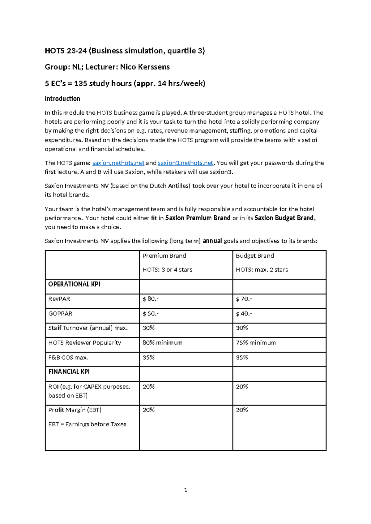 HOTS Business Simulation Manual 23-24 NL Quartile 3 Overview - Studeersnel