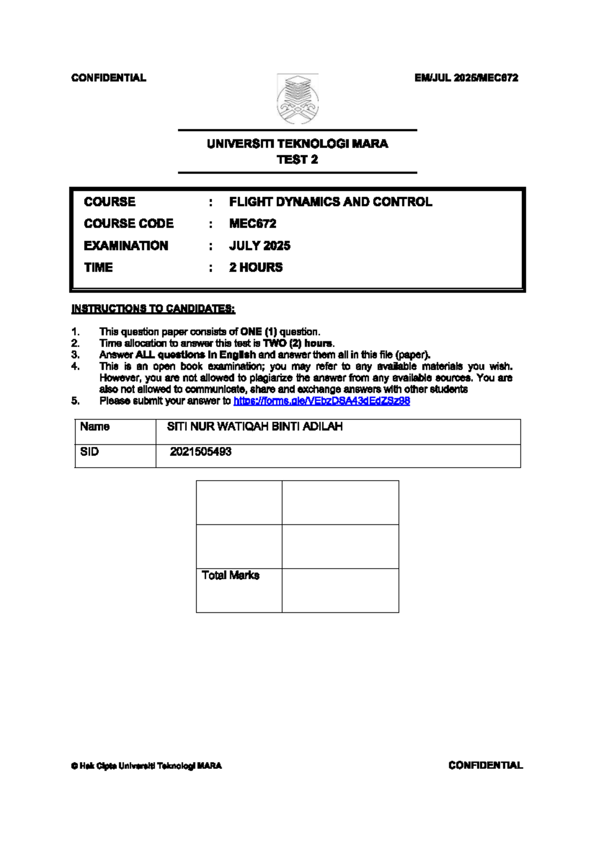 MEC672 Flight Dynamics & Control Test 2 - July 2025 Analysis - Studocu