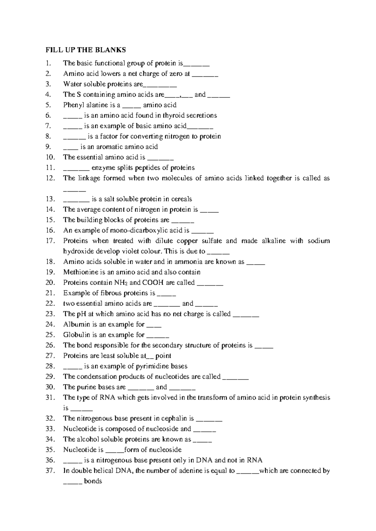 Unit - 3 Protein Fill in the Blanks - FILL UP THE BLANKS The basic ...