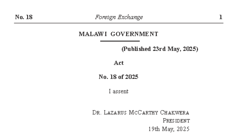 Foreign Exchange Act No. 18 of 2025 - Malawi Government - Studocu