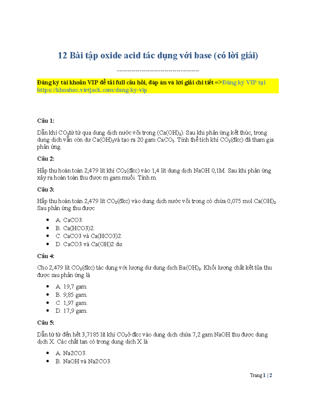 Bài Tập Oxide Acid Tác Dụng Với Base - Giải Chi Tiết (VIP) - Studocu