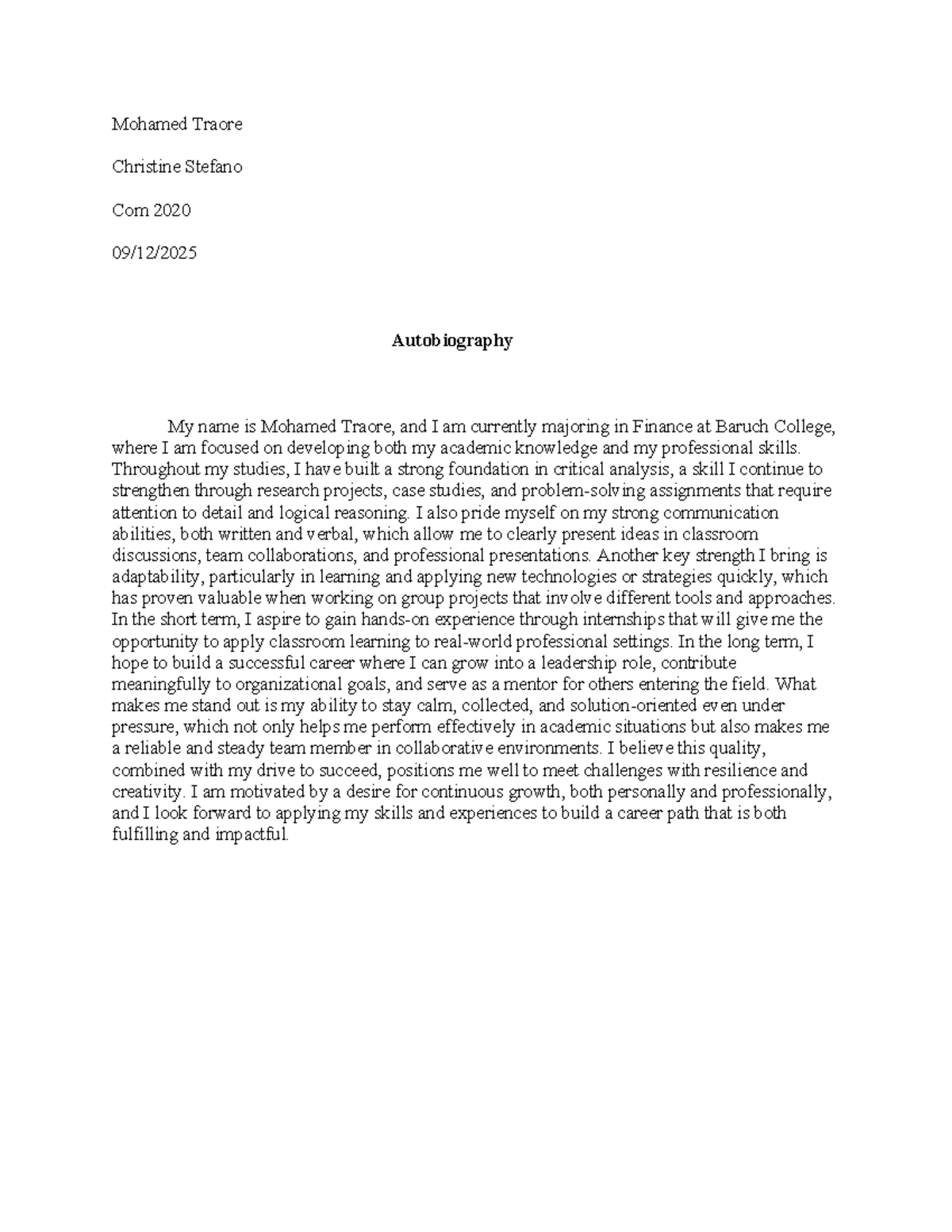 COM 2020 Autobiography: Mohamed Traore's Journey in Finance - Studocu