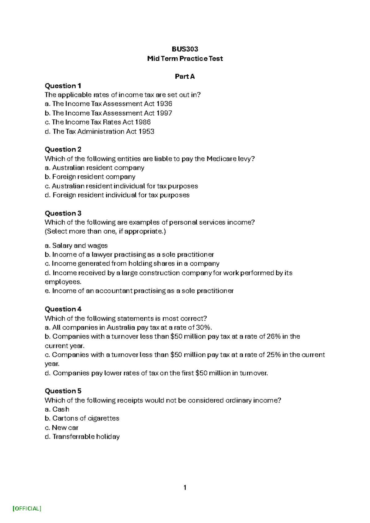 BUS303 Midterm Practice Test: Income Tax & Medicare Levy Questions ...