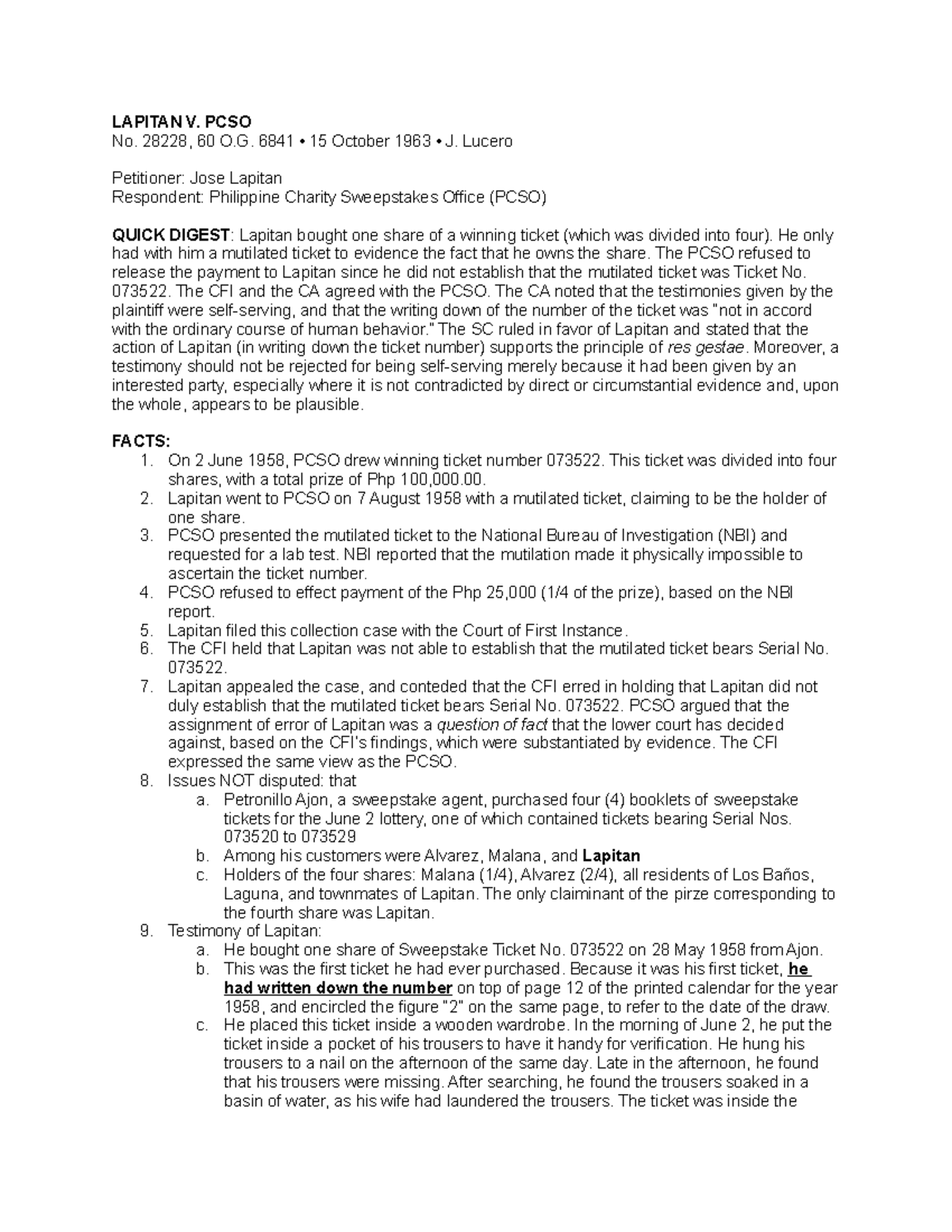 Lapitan v. PCSO Case Digest - Law 28228 Summary & Analysis - Studocu
