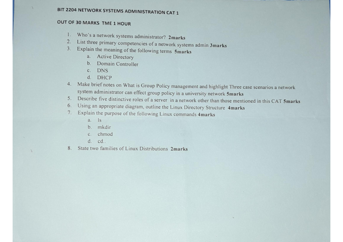 BIT 2204 NETWORK SYSTEMS ADMINISTRATION CAT 1 NOTES - Studocu