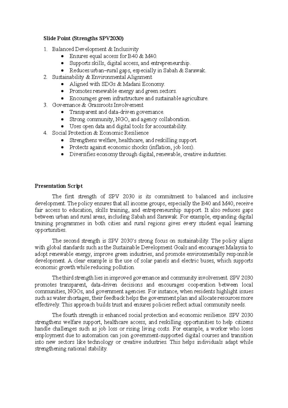 Presentation Slide & Script on Strengths of SPV2030 - Studocu