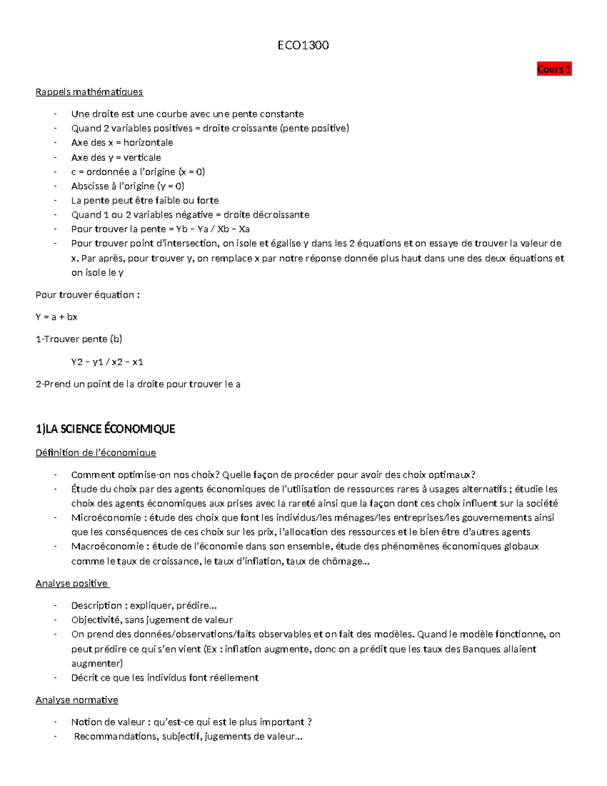 ECO1300 Cours 1: Rappels Mathématiques et Concepts Économiques - Studocu