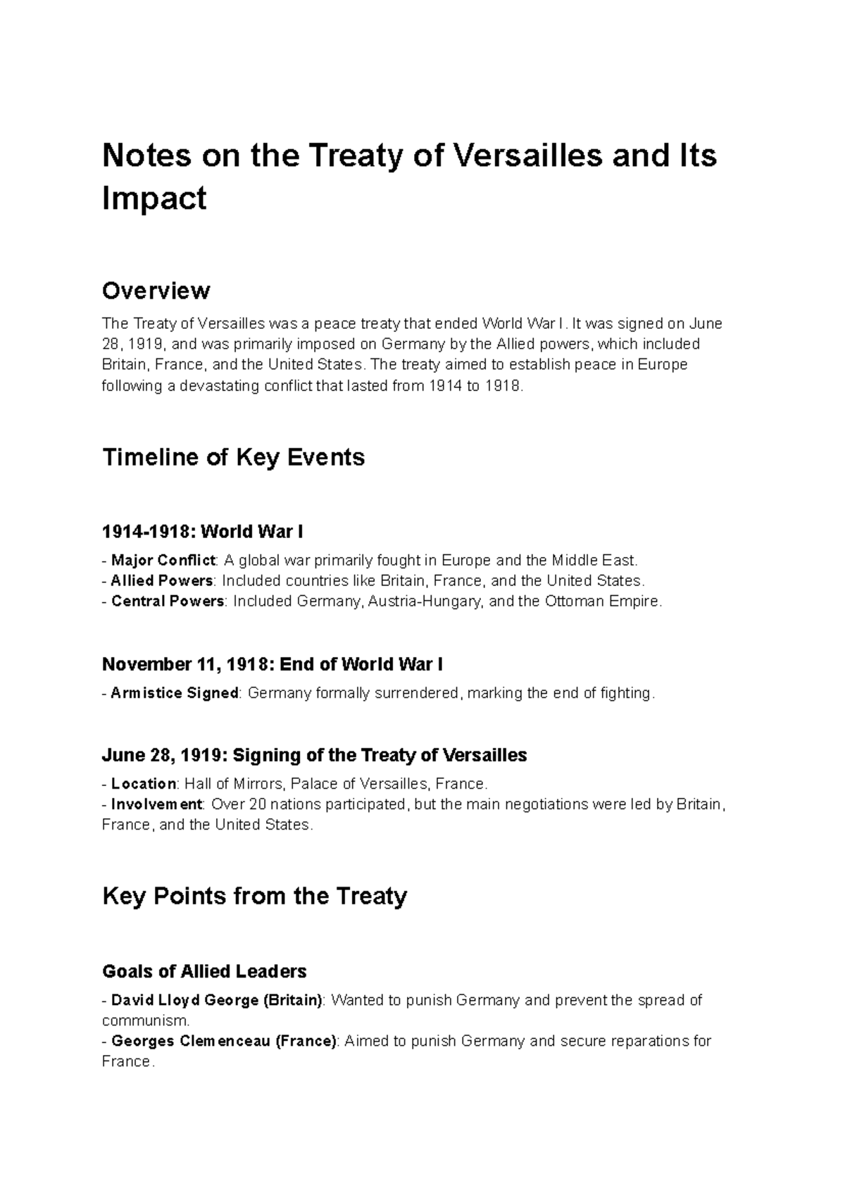 History G9 - Treaty of Versailles Notes and Impact Analysis - Studocu