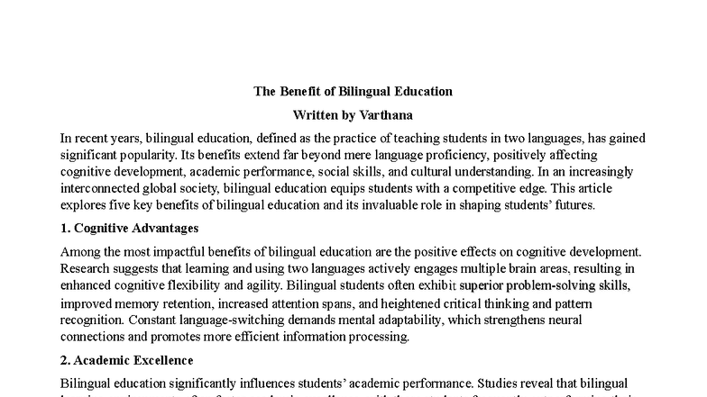 The Benefits of Bilingual Education: Key Insights and Advantages - Studocu