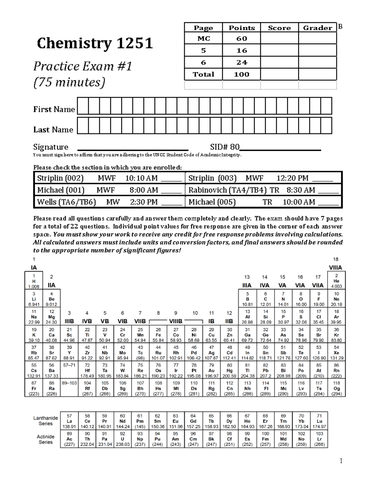 Chemistry 1251: Practice Exam 1 - Chapters 1 & 2 Overview - Studocu