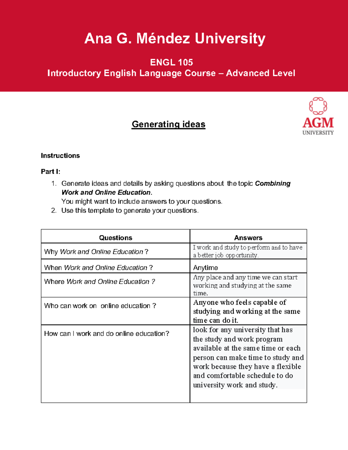 Generating Ideas on Combining Work and Online Education - ENGL 105 ...