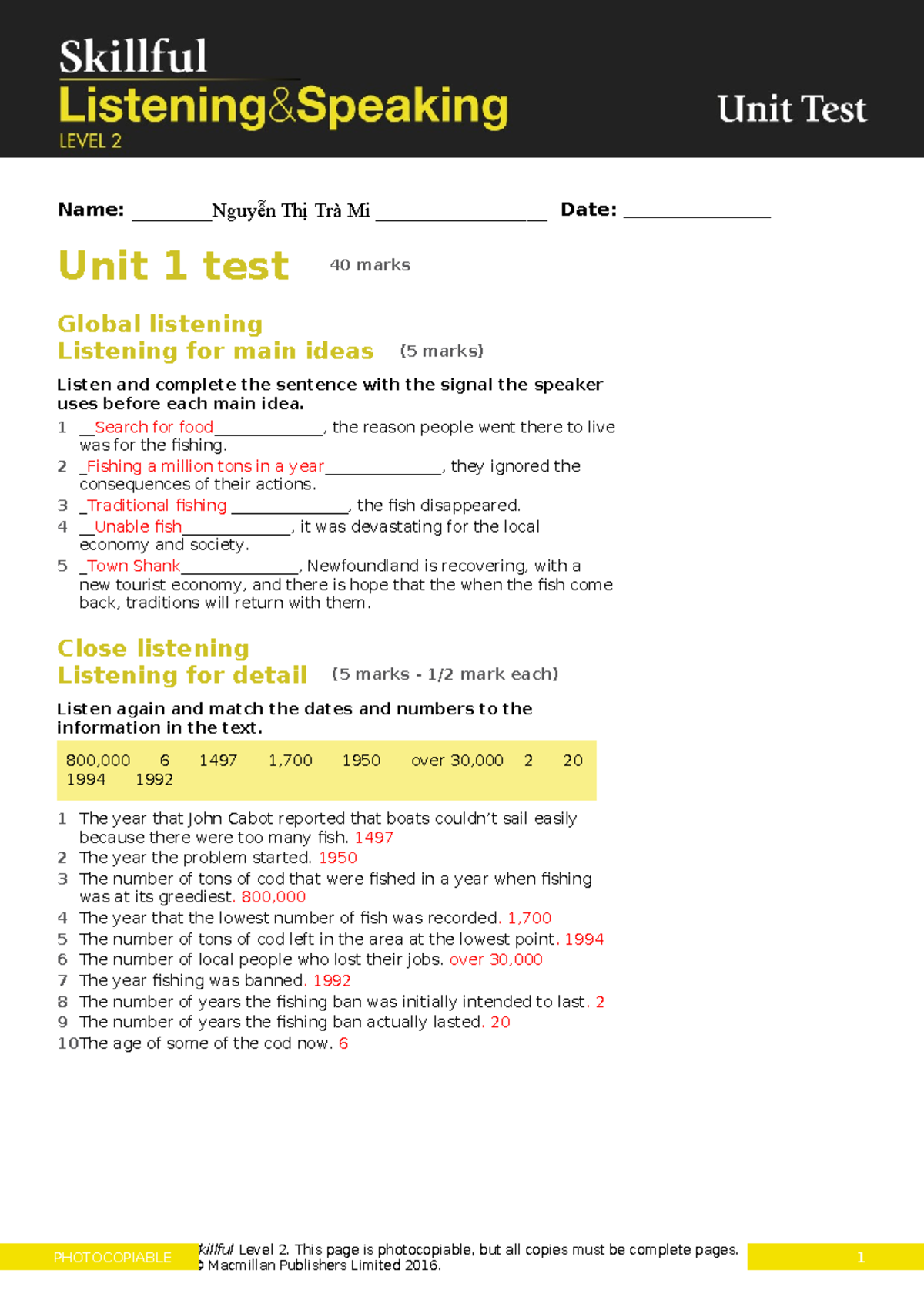 Skillful LS2 Unit 1 Test: Global Listening & Vocabulary Exercises - Studocu