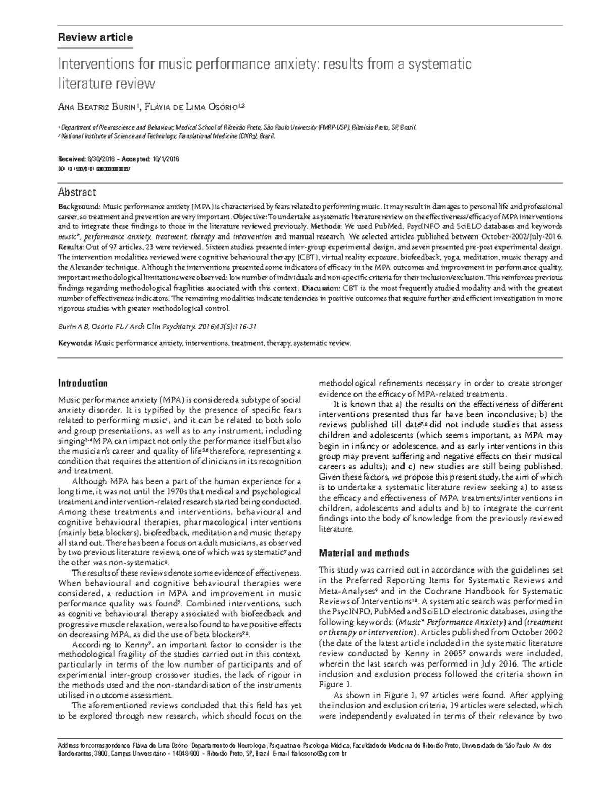 Systematic Review of Music Performance Anxiety Interventions (MPA ...