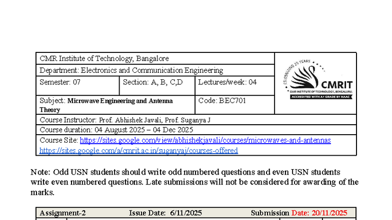 Assignment 2 Notes for BEC701: Microwave Engineering & Antennas - Studocu