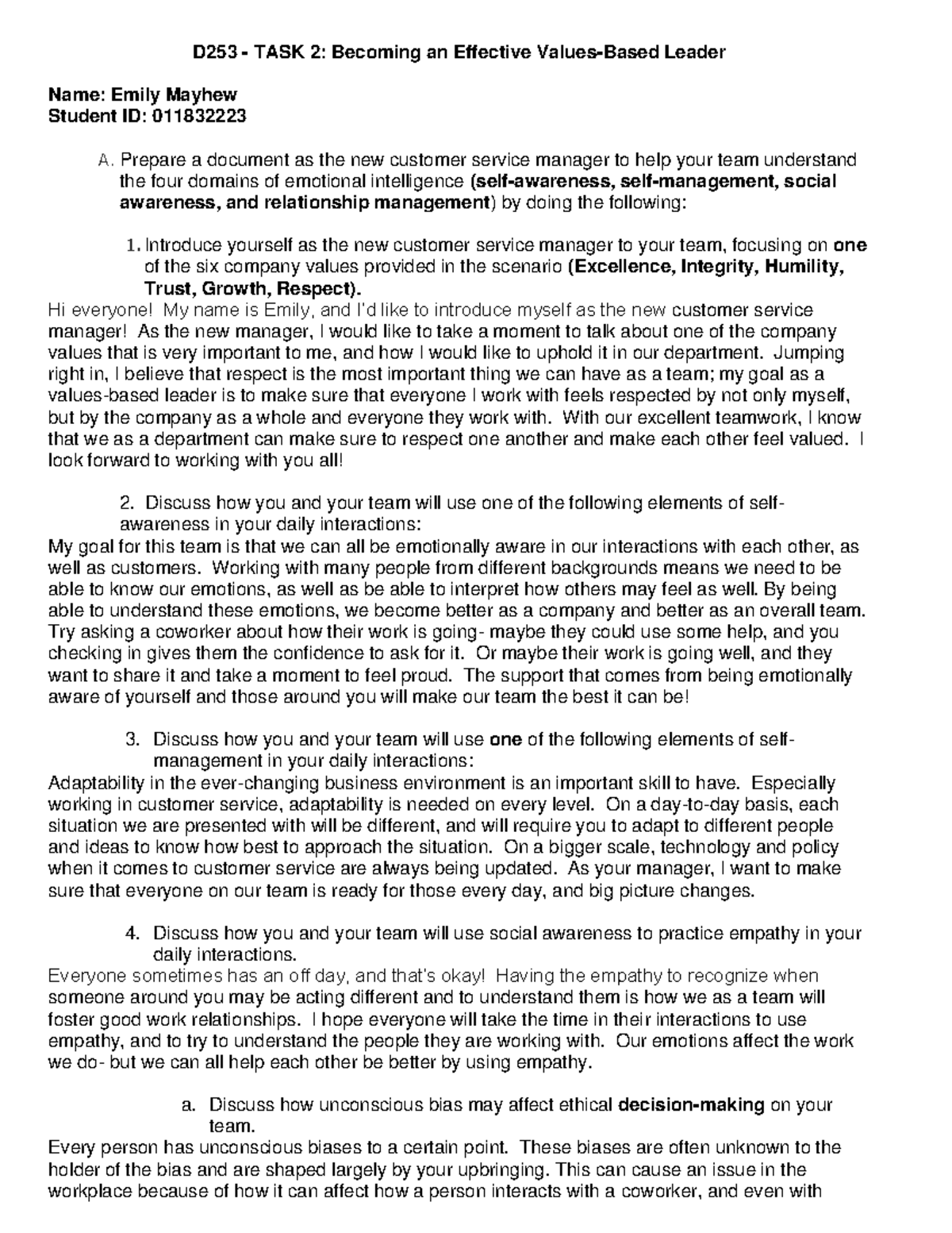 D253 Task 2 - Insights on Values-Based Leadership and EI Strategies ...
