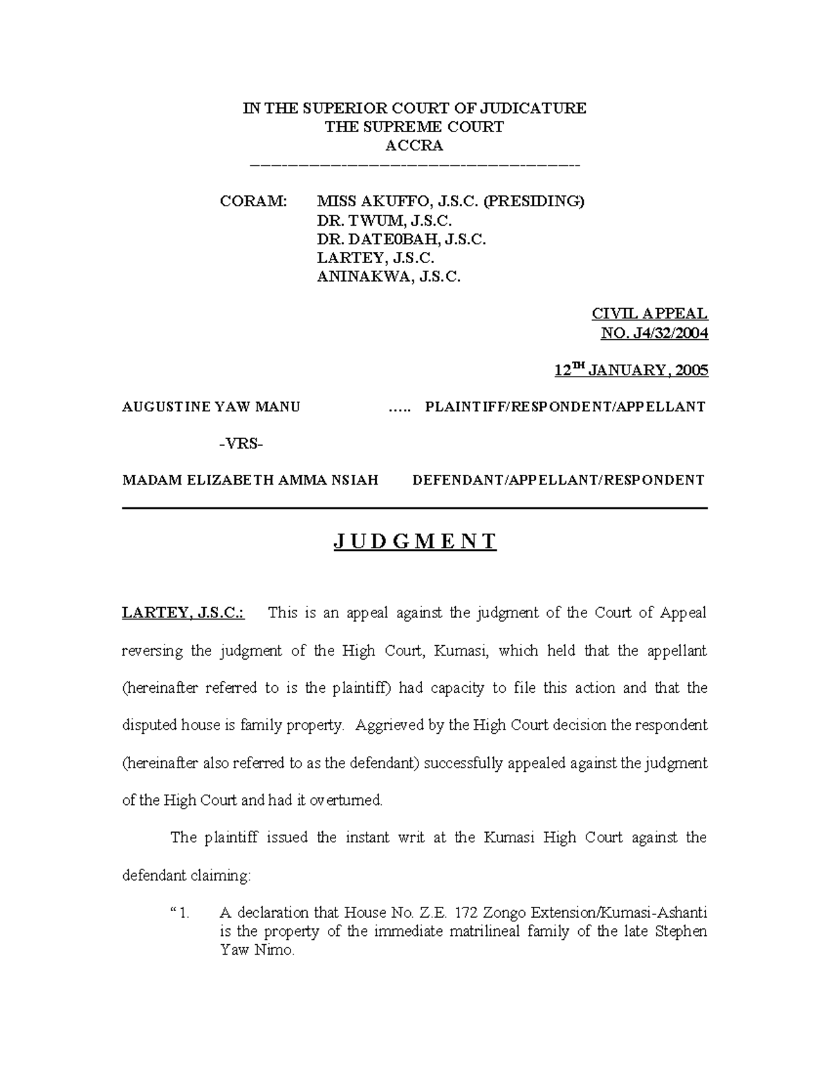 Civil Appeal No. 12/2005: Augustine Y. Manu vs. Elizabeth A. Nsiah ...