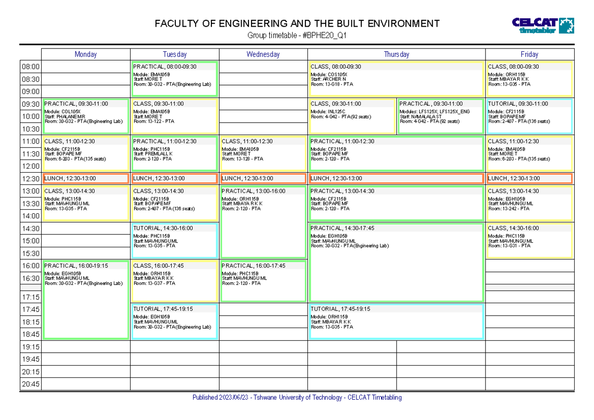 BPHE20 - Group Timetable Overview for Faculty of Engineering - Studocu