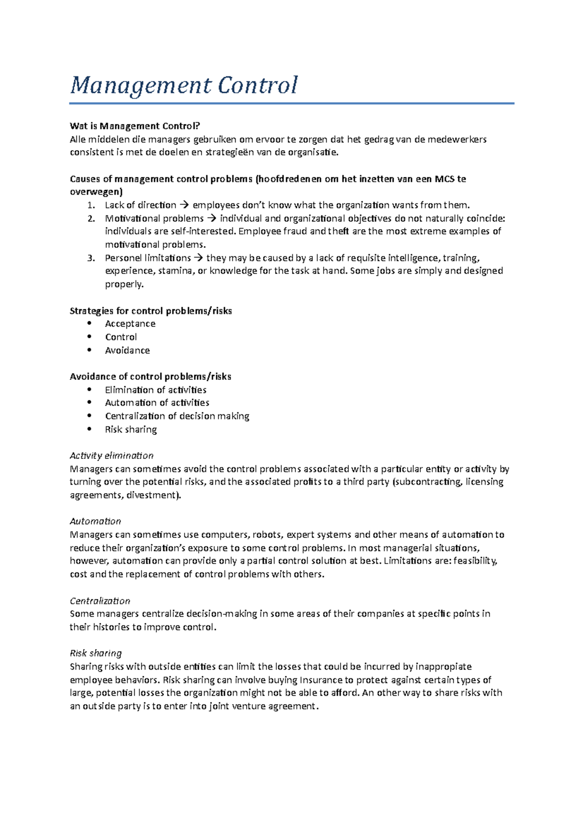 Management Control Samenvatting: Hoofdconcepten en Strategieën ...