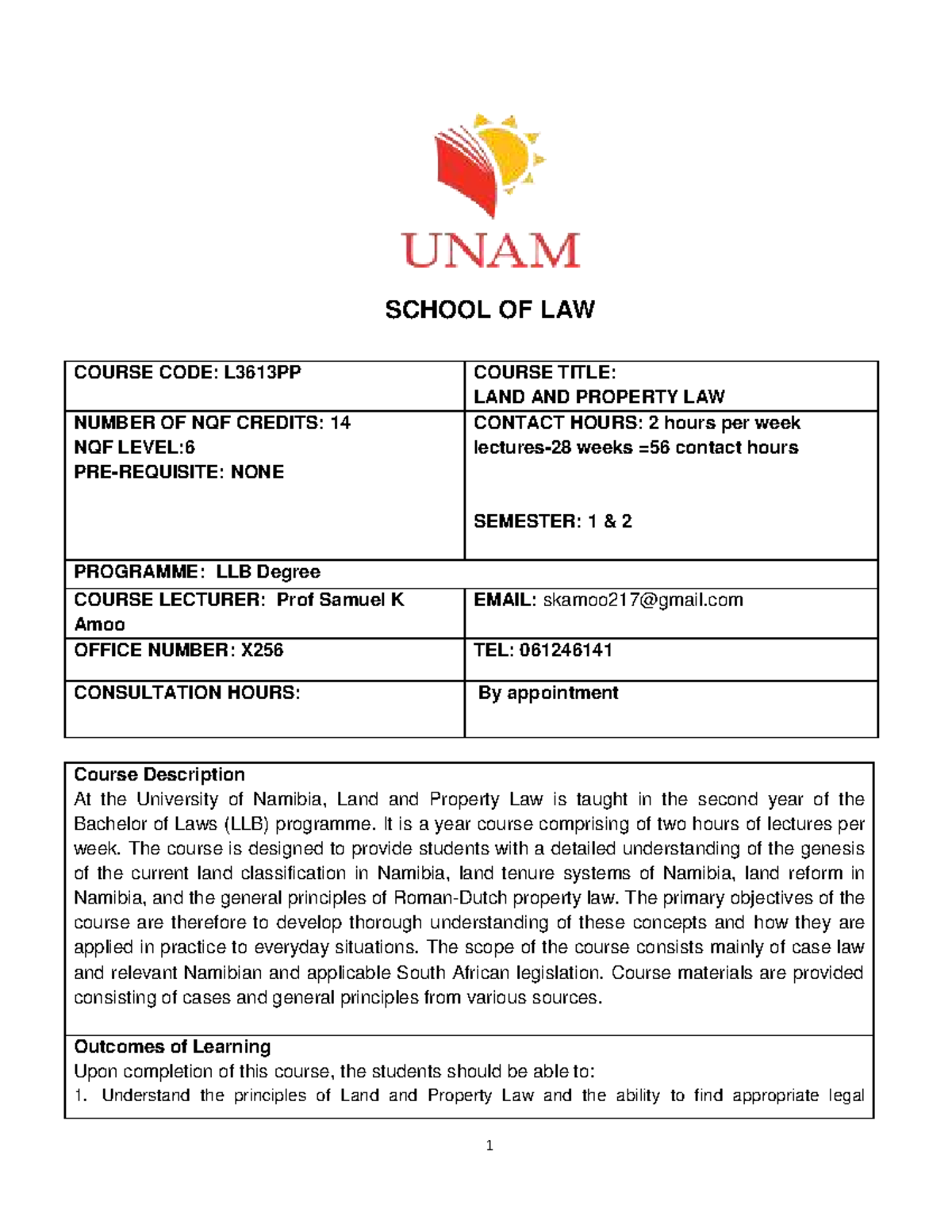 L3613PP Land and Property Law Course Outline 2025 - Studocu