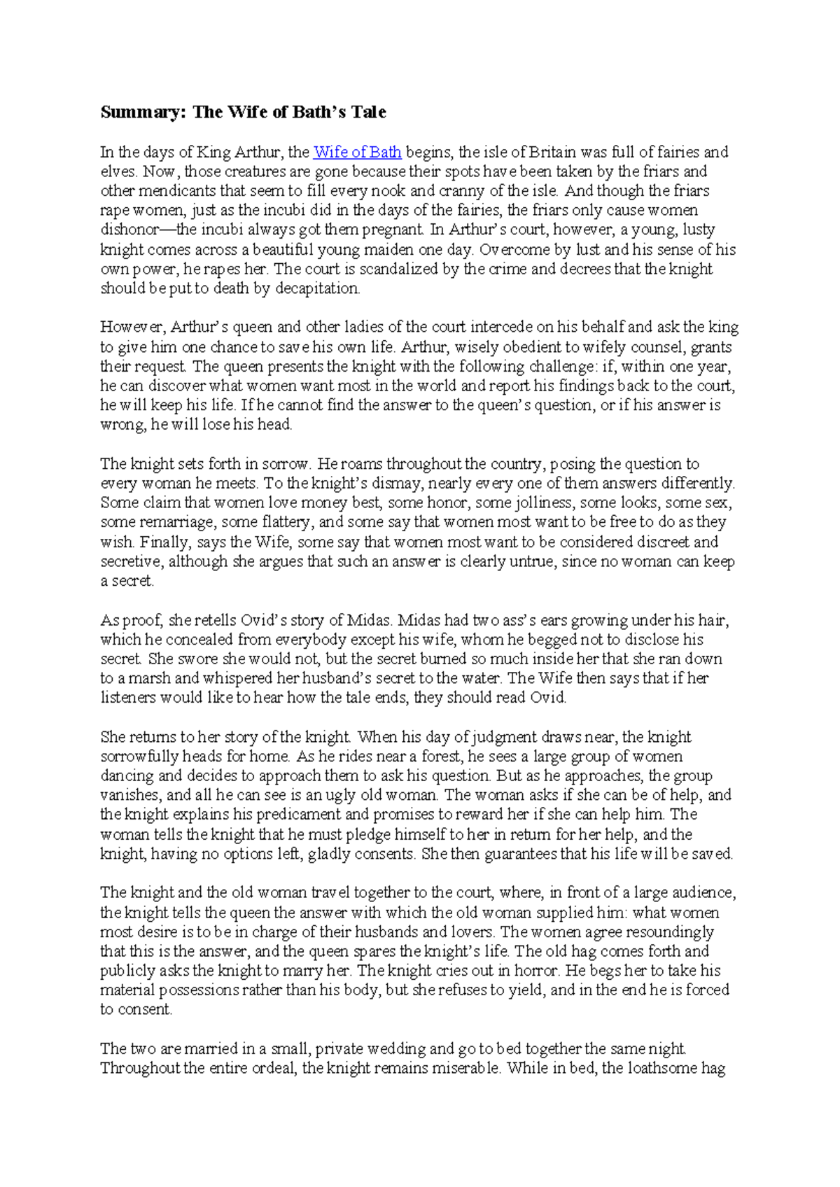 Summary of The Wife of Bath's Tale - Literature Analysis 101 - Studeersnel