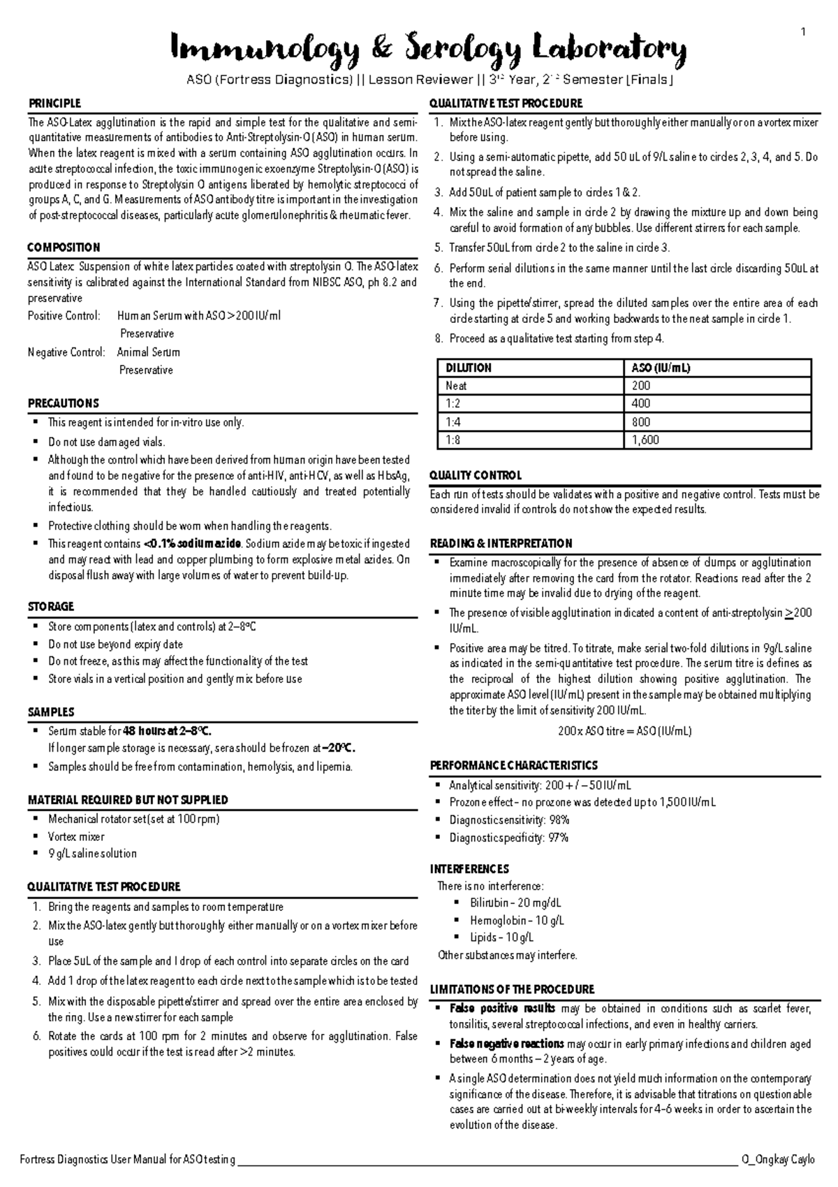Immunology Serology Lab 1 ASO & Syphilis Test Lesson Review 3rd Year ...