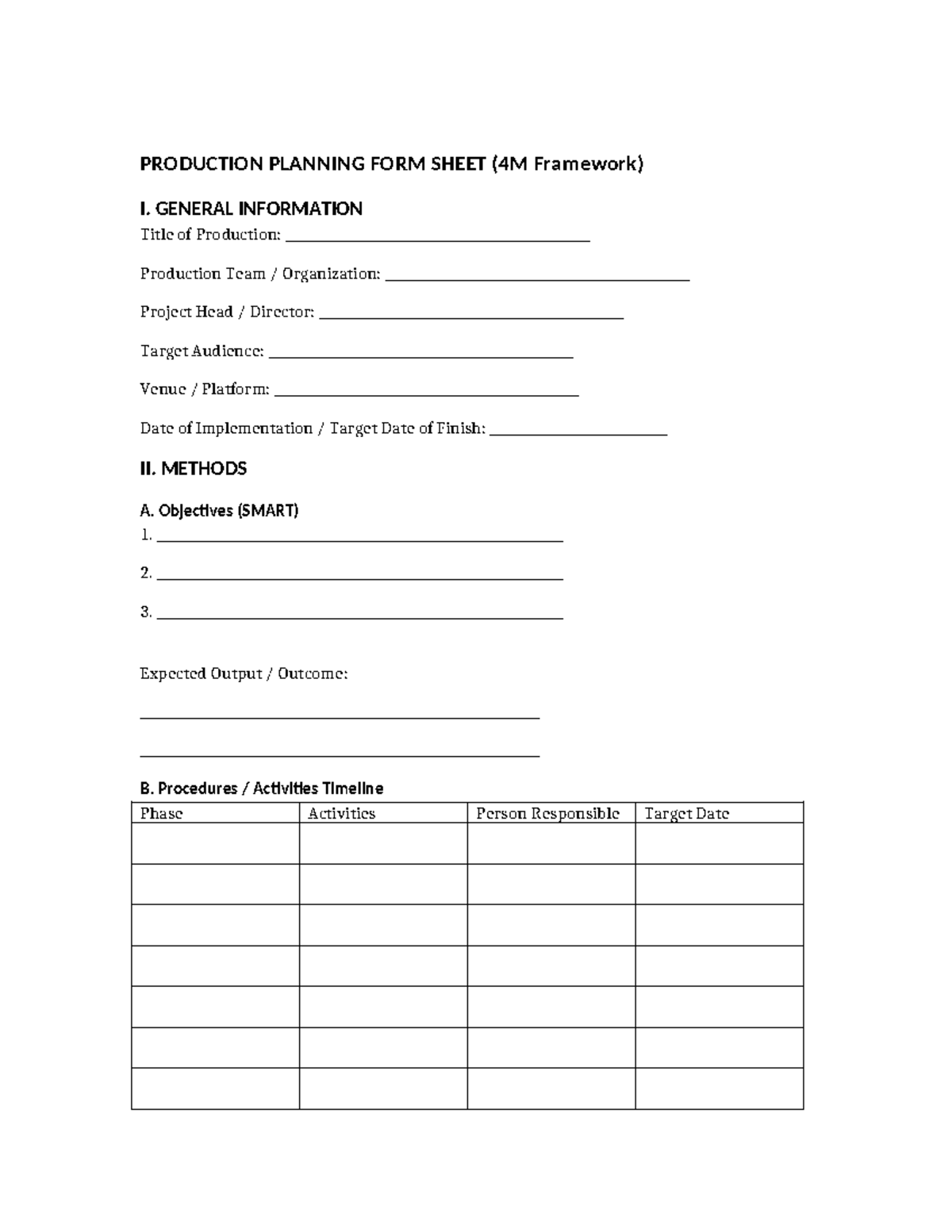 Production Planning Form 4M - PRODUCTION PLANNING FORM SHEET (4M ...