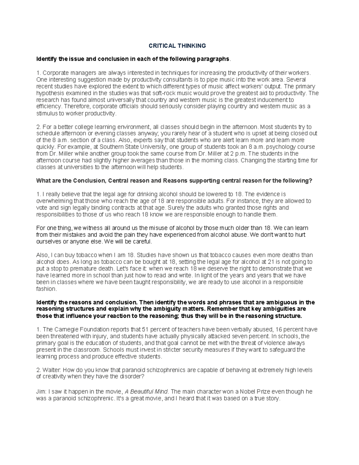 Critical Thinking Exercises (CT101): Identifying Issues and Conclusions ...