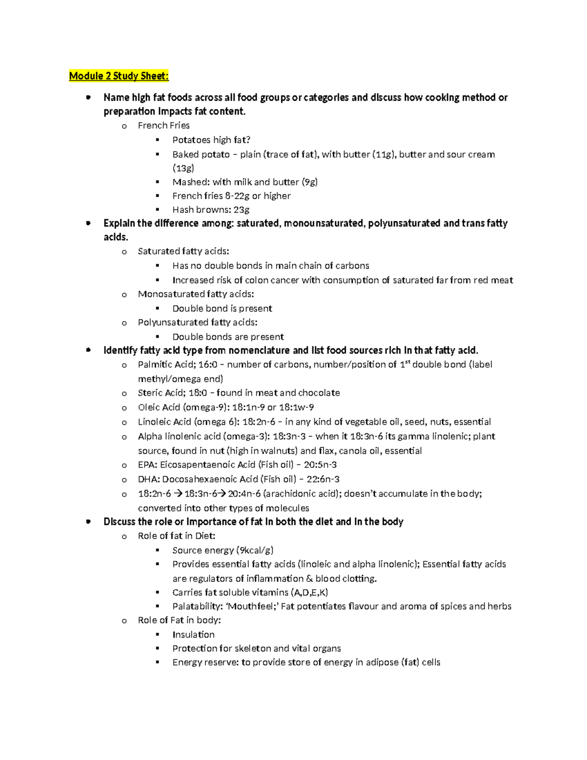 Nutrition 120 Module 2 & 3 Study Sheets: Fats, CHD, and Dietary Impacts ...