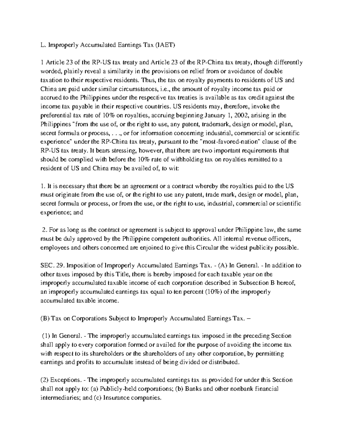Improperly Accumulated Earnings Tax - L. Improperly Accumulated ...