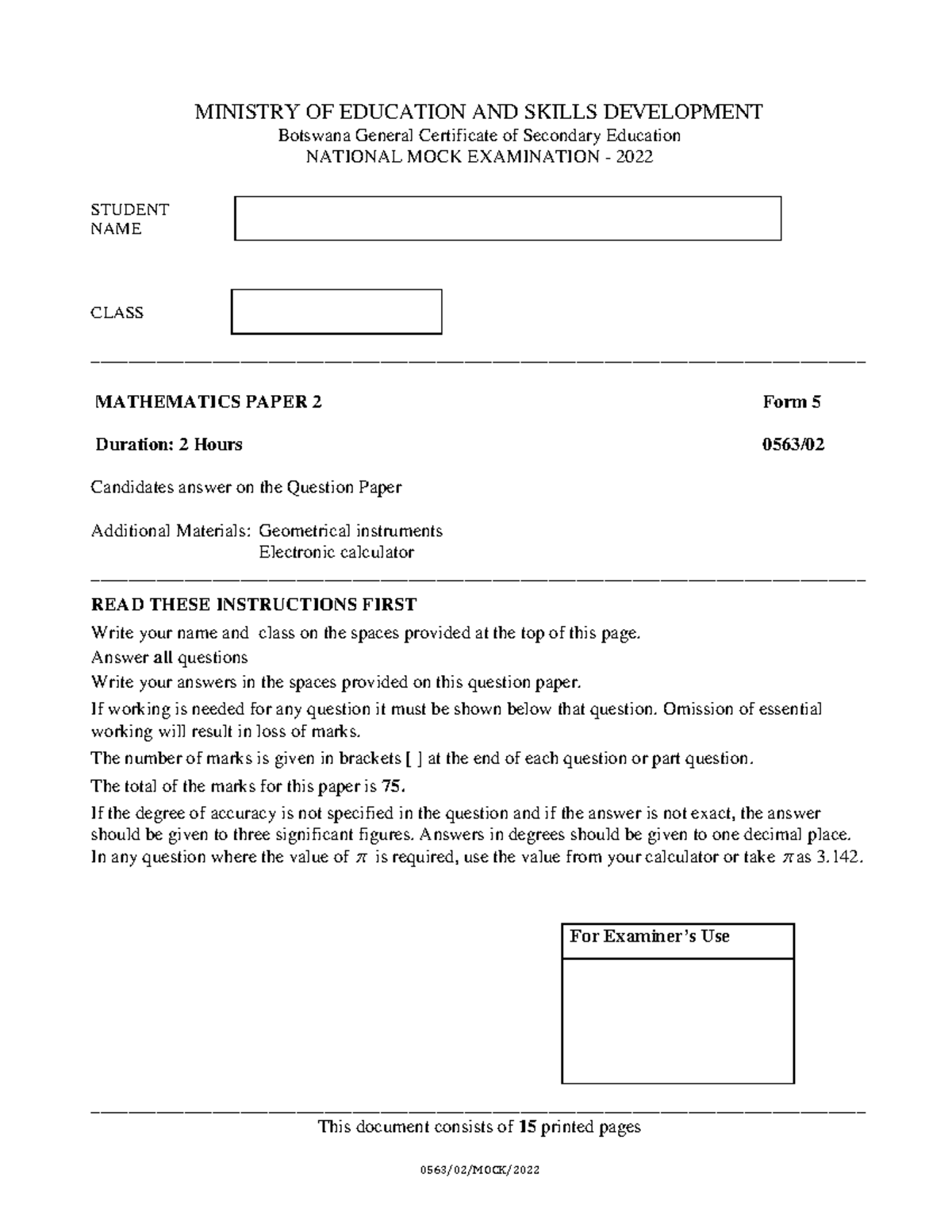 Mathematics 1 - Form 5 Mock Exam Paper 2 Notes (2022) - Studocu