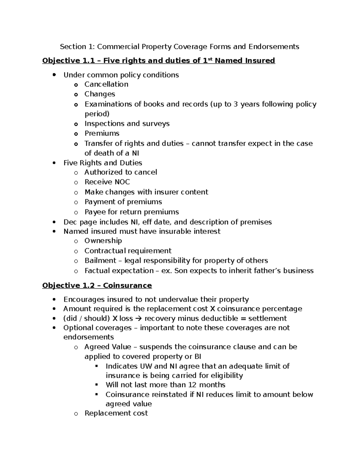 CIC - Commercial Property Coverage Forms & Endorsements Notes - Studocu