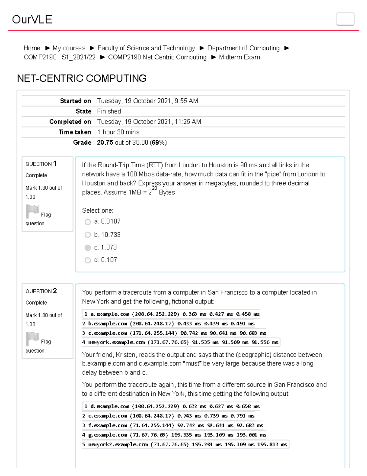 COMP2190 Midterm Exam: Weekly Quiz Questions and Answers - Studocu