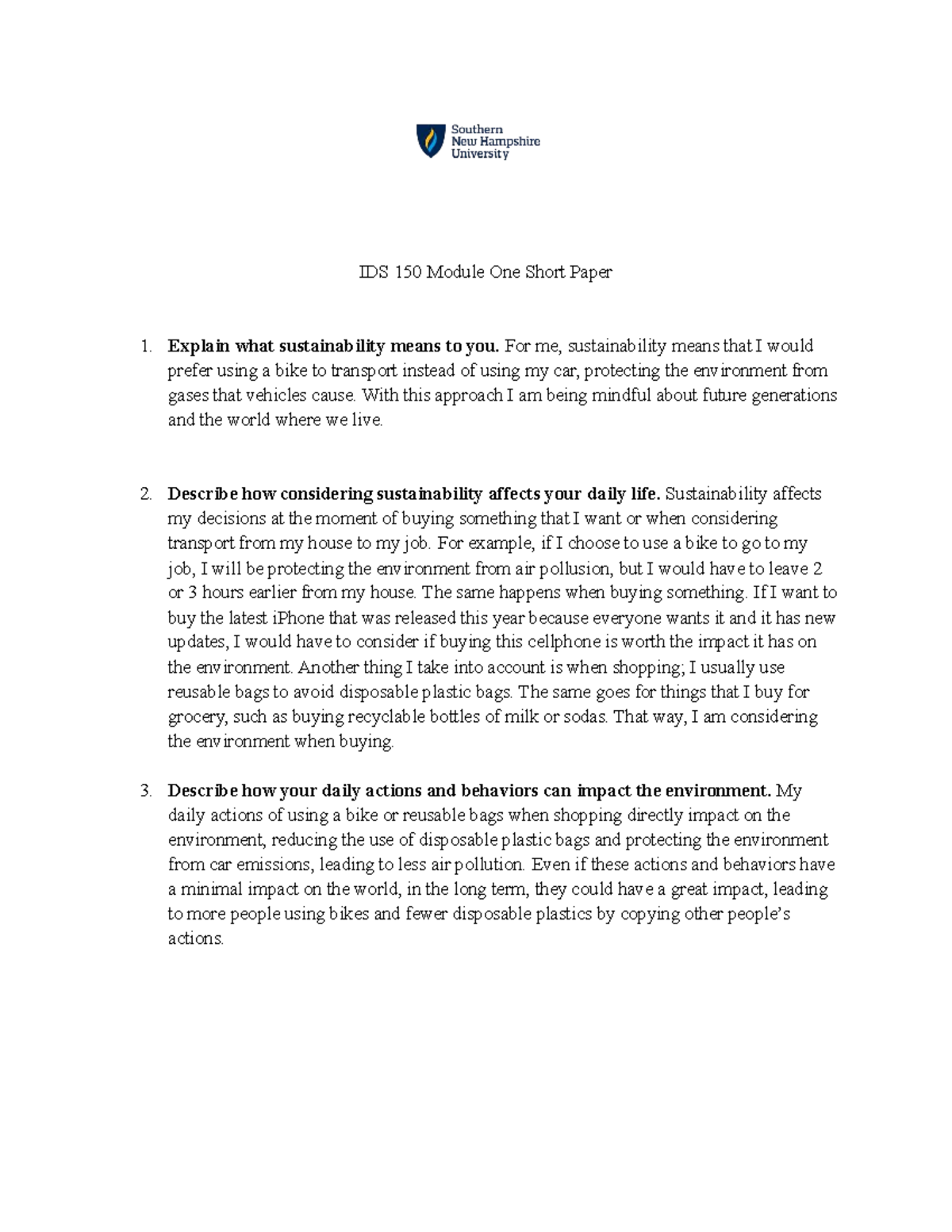 IDS 150 Module One Short Paper: My Perspective on Sustainability - Studocu
