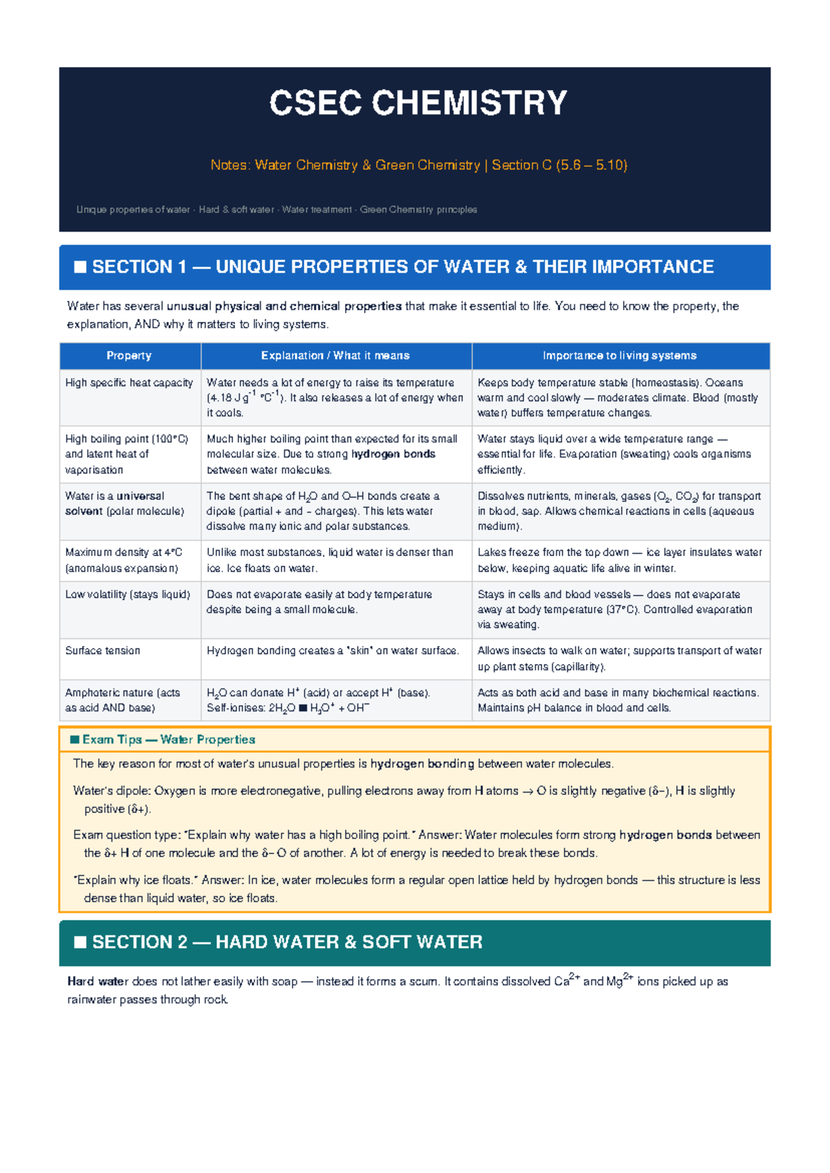 CSEC CHEMISTRY Notes: Water Chemistry & Green Chemistry Principles ...