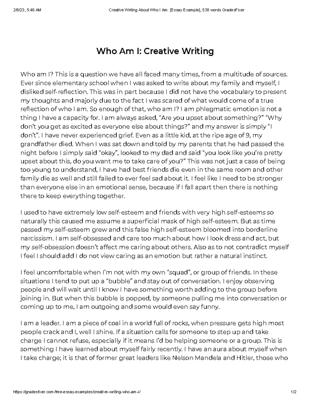 Creative Writing About Who I Am [Essay Example], 538 words Grades Fixer ...