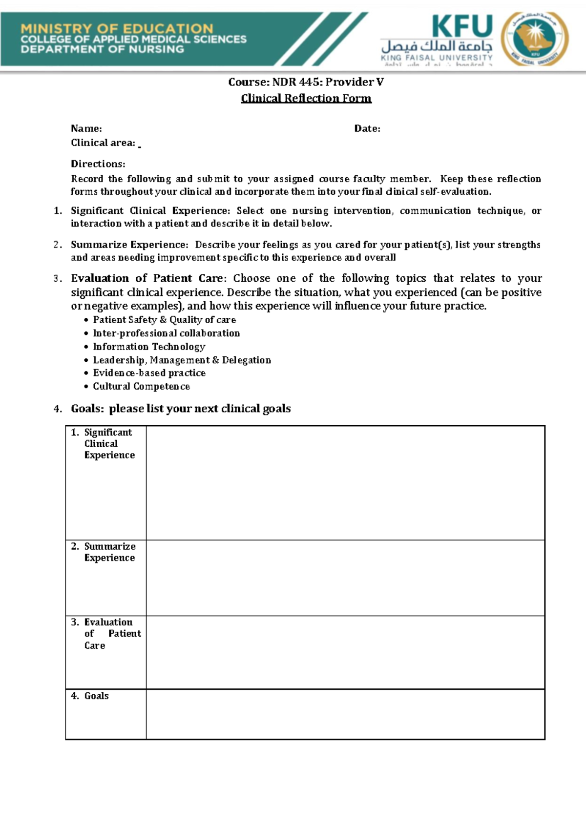 2-Clinical Reflection Form - Course: NDR 445: Provider V Clinical ...